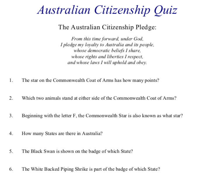 Australian Citizenship Quiz - FamilyVoice Australia - Library ...